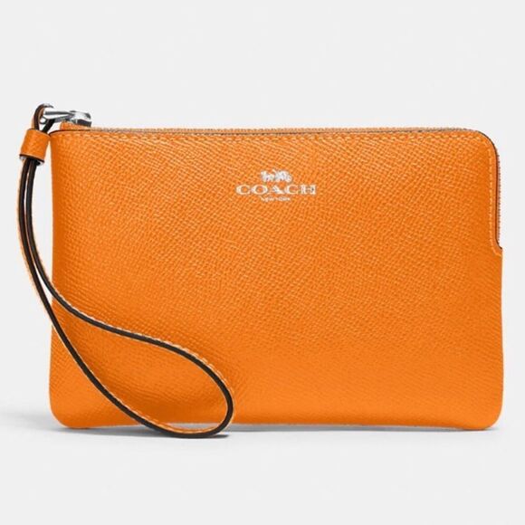 Coach | Bags | Coach Cornerzip Orange Pebbled Leather Wristlet Style ...